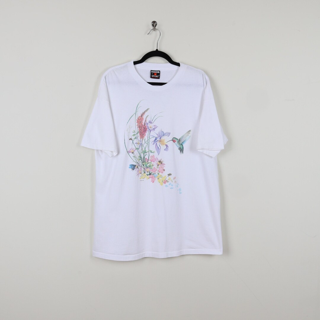 Vintage 90s Habitat XCIII Floral Bird White Graphic Print Tee Colorful ...