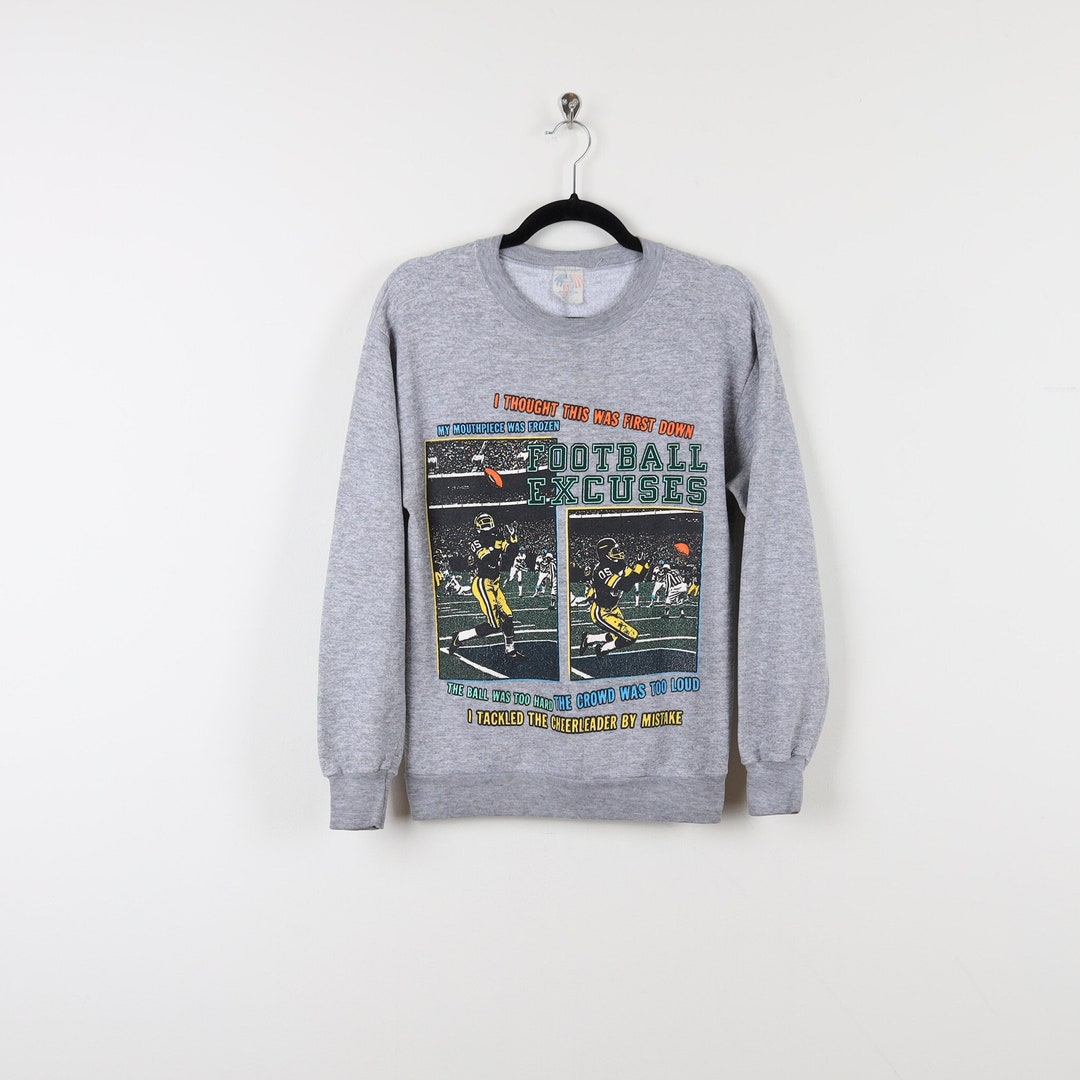 Vintage 80s Gray Football Excuses Funny Text Crew Neck Sweater Athletic ...