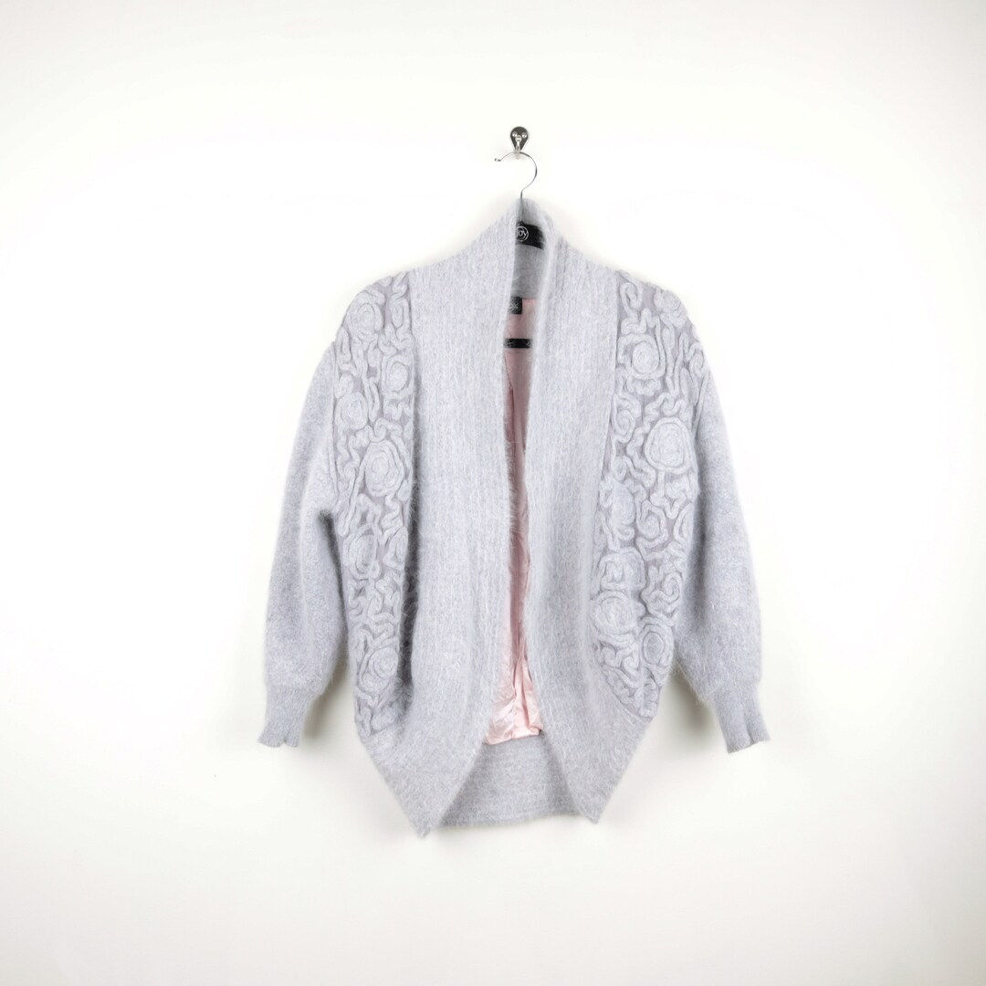 Vintage 70s Gray Wool Ribbed Knit Cardigan Sweater Abstract Pattern ...