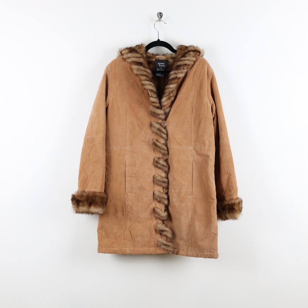 Vintage 90s Tan Brown Suede Faux Fur Leather Long Winter Coat Rope ...
