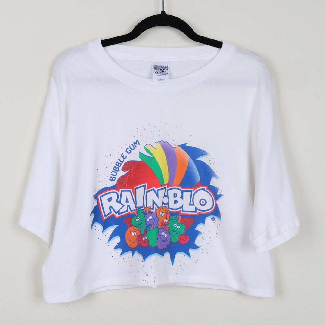 Vintage 90s Bubble Gum Rain-blo White Colorful Graphic Print Crop Top T ...