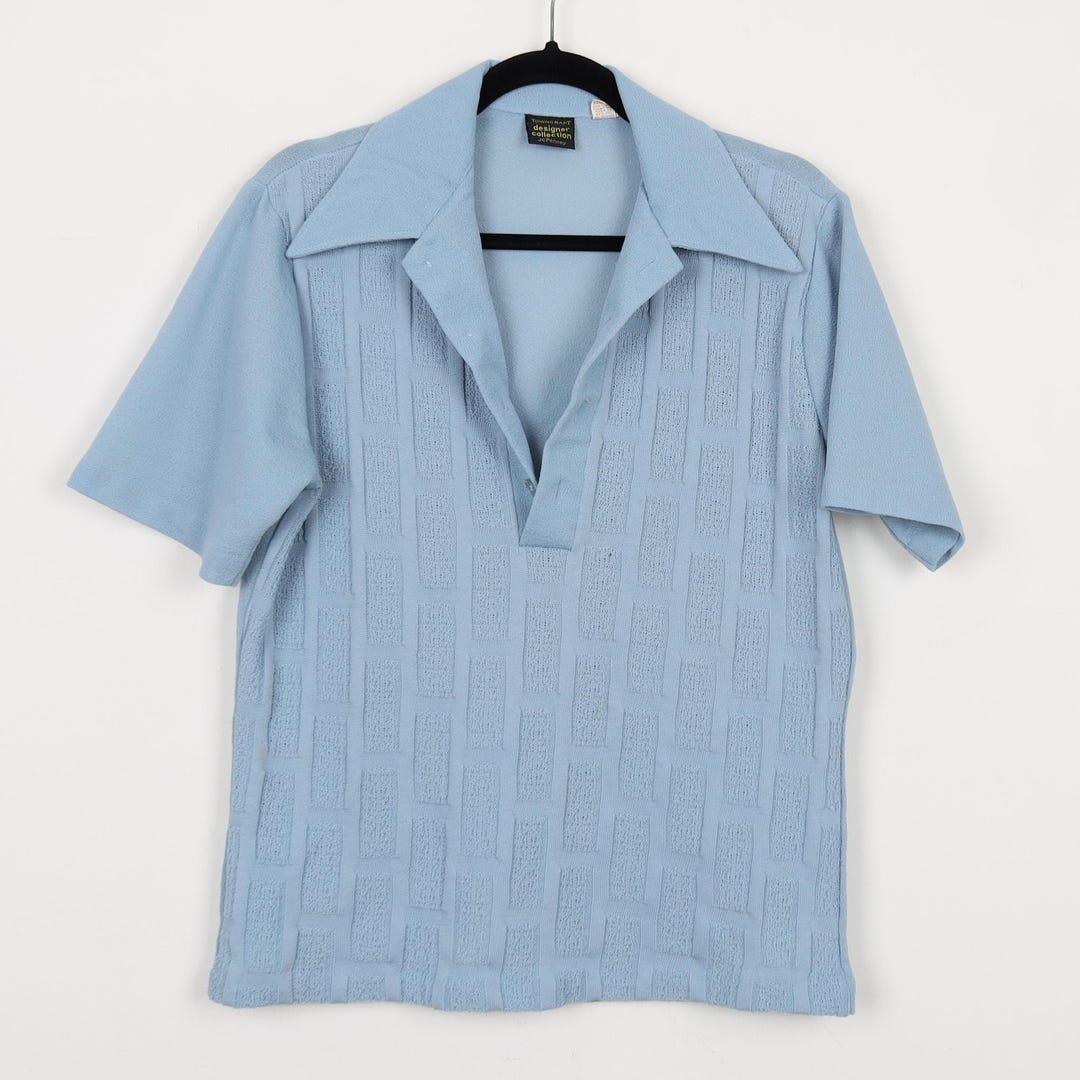 Vintage 70s Light Blue Short Sleeve Dad Shirt Light Knit Detail Dorky ...