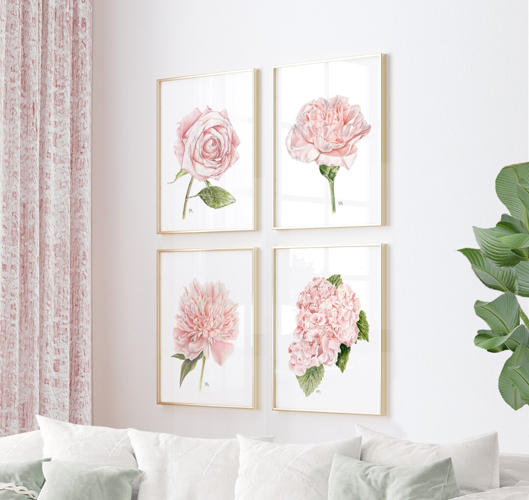 Flower Art Prints Set of 4, Floral Wall Art Watercolor Paintings, Pink ...