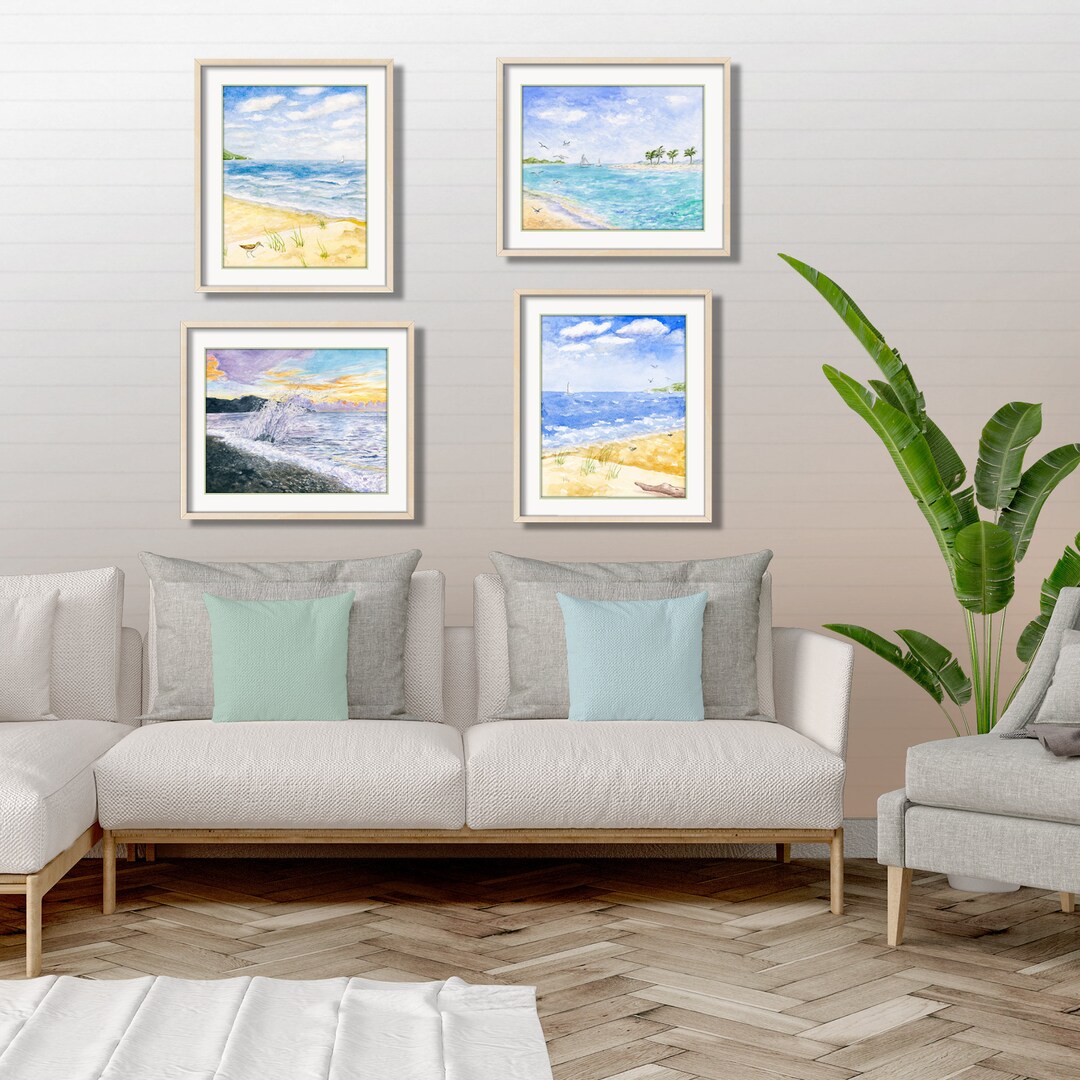 Seascape Painting Ocean Beach Print Set of 4. Watercolor Beach Wall Art ...