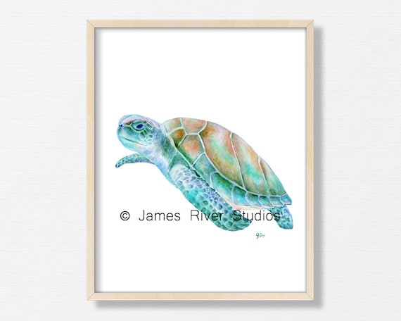 Sea Turtle Painting Blue Sea Turtle Watercolor Sea Turtle | Etsy