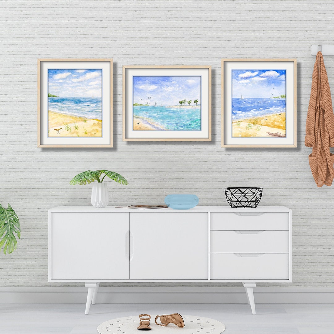 Seascape Painting Ocean Beach Print Set of 3. Watercolor Beach Wall Art ...