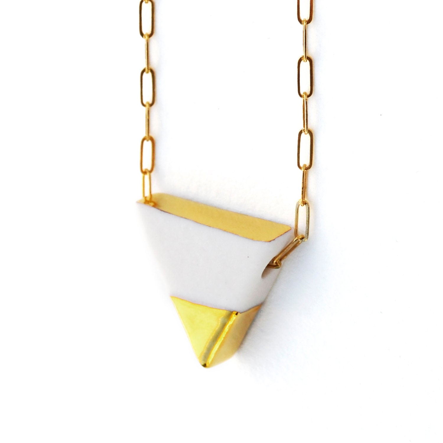 Triad Necklace on Long Chain Modern Gold Necklace Porcelain - Etsy