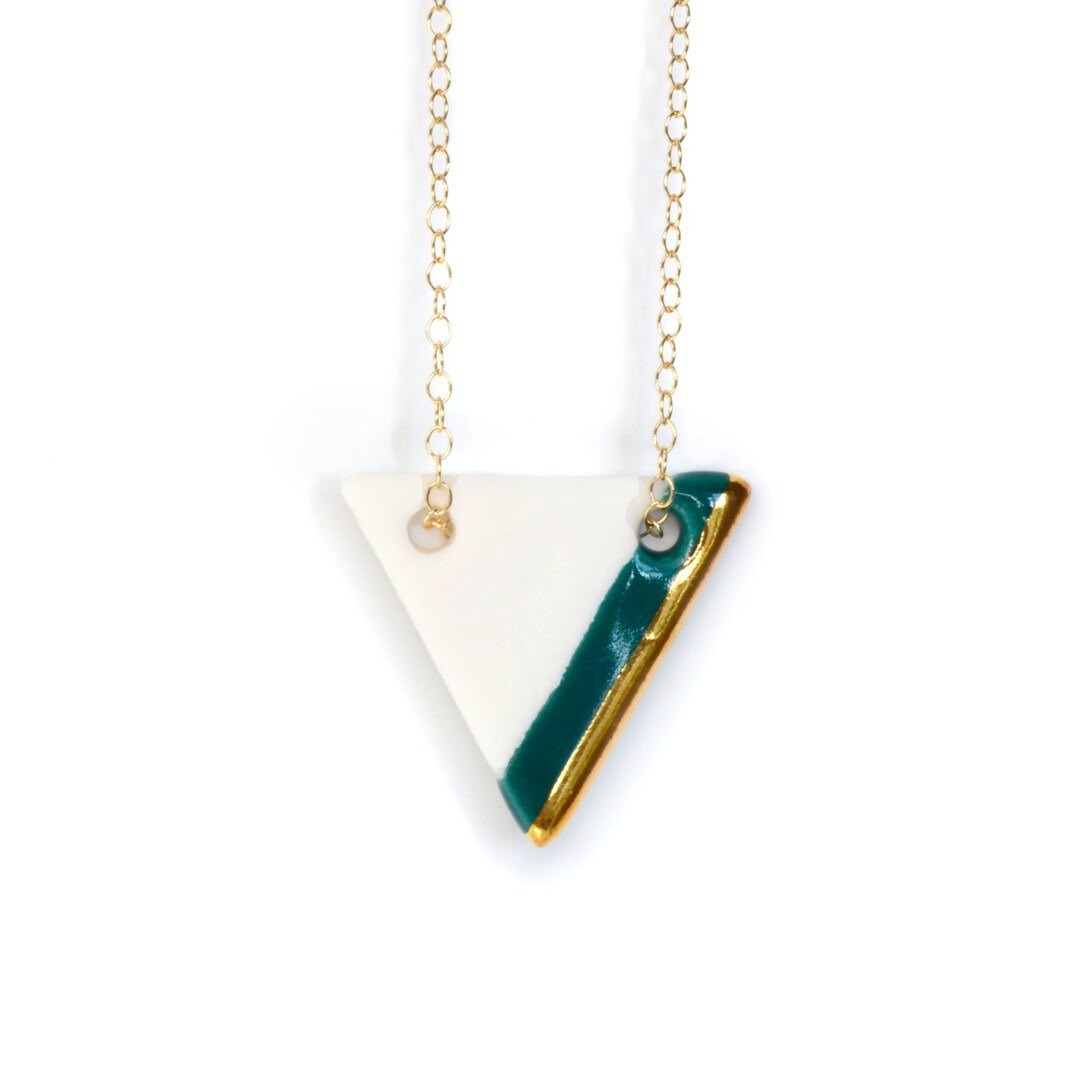 Teal Triangle Porcelain Necklace, Teal and Gold Dipped Necklace ...