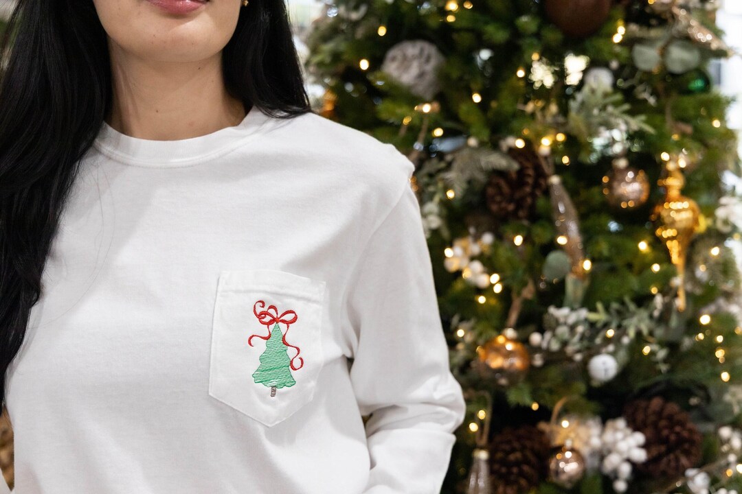 Christmas Tree Shirt Comfort Colors Embroidered Long Sleeve Christmas ...