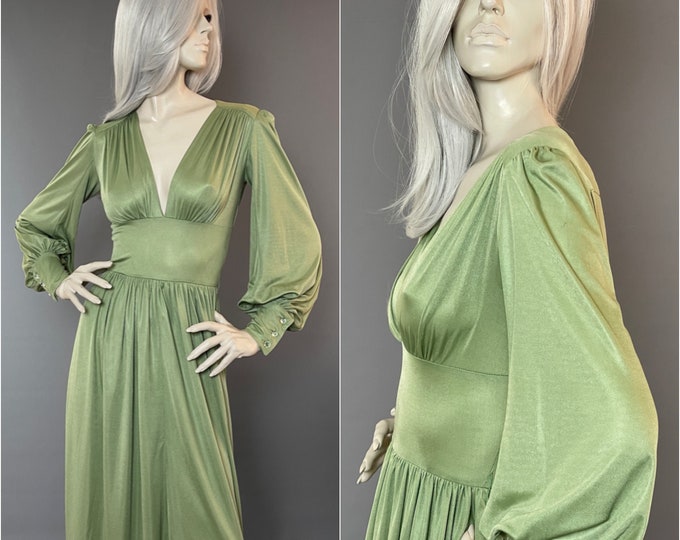 Arlette Beressi Paris Gown | 1970s Bishop Sleeve Frock | Plunging ...