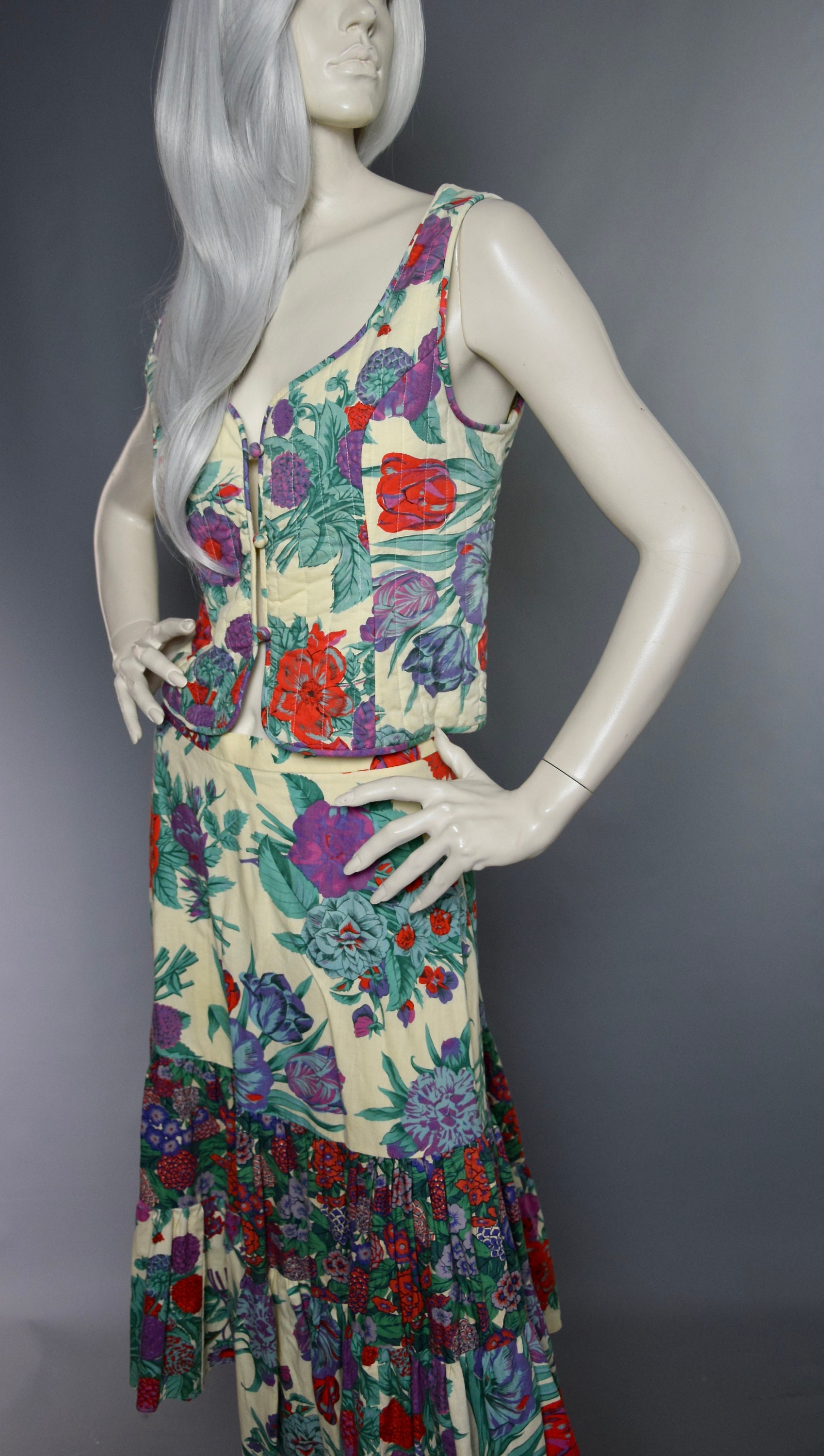 Anne TYRRELL | 70s Quilted Waistcoat Set | Floral Print Skirt Suit - Etsy
