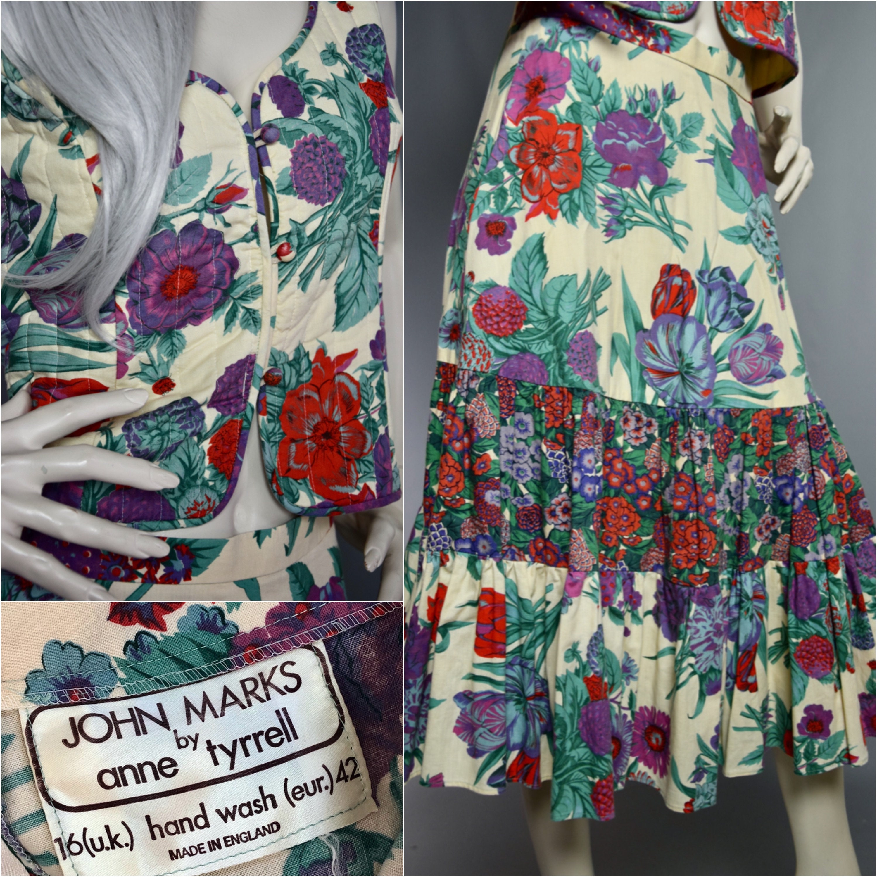 Anne TYRRELL | 70s Quilted Waistcoat Set | Floral Print Skirt Suit - Etsy