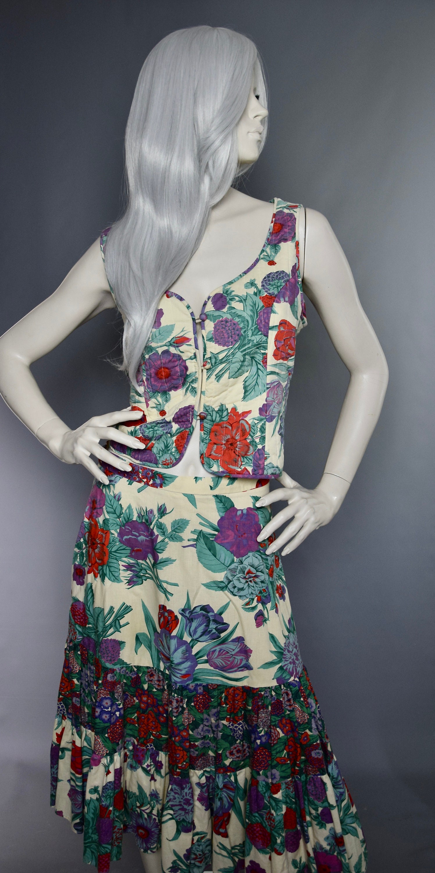 Anne TYRRELL | 70s Quilted Waistcoat Set | Floral Print Skirt Suit - Etsy