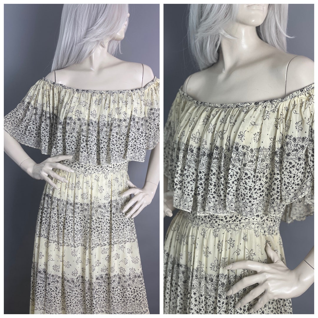 Anne Tyrrell | 1970s off the Shoulder Ivory & Jet Frock | UK12 - Etsy