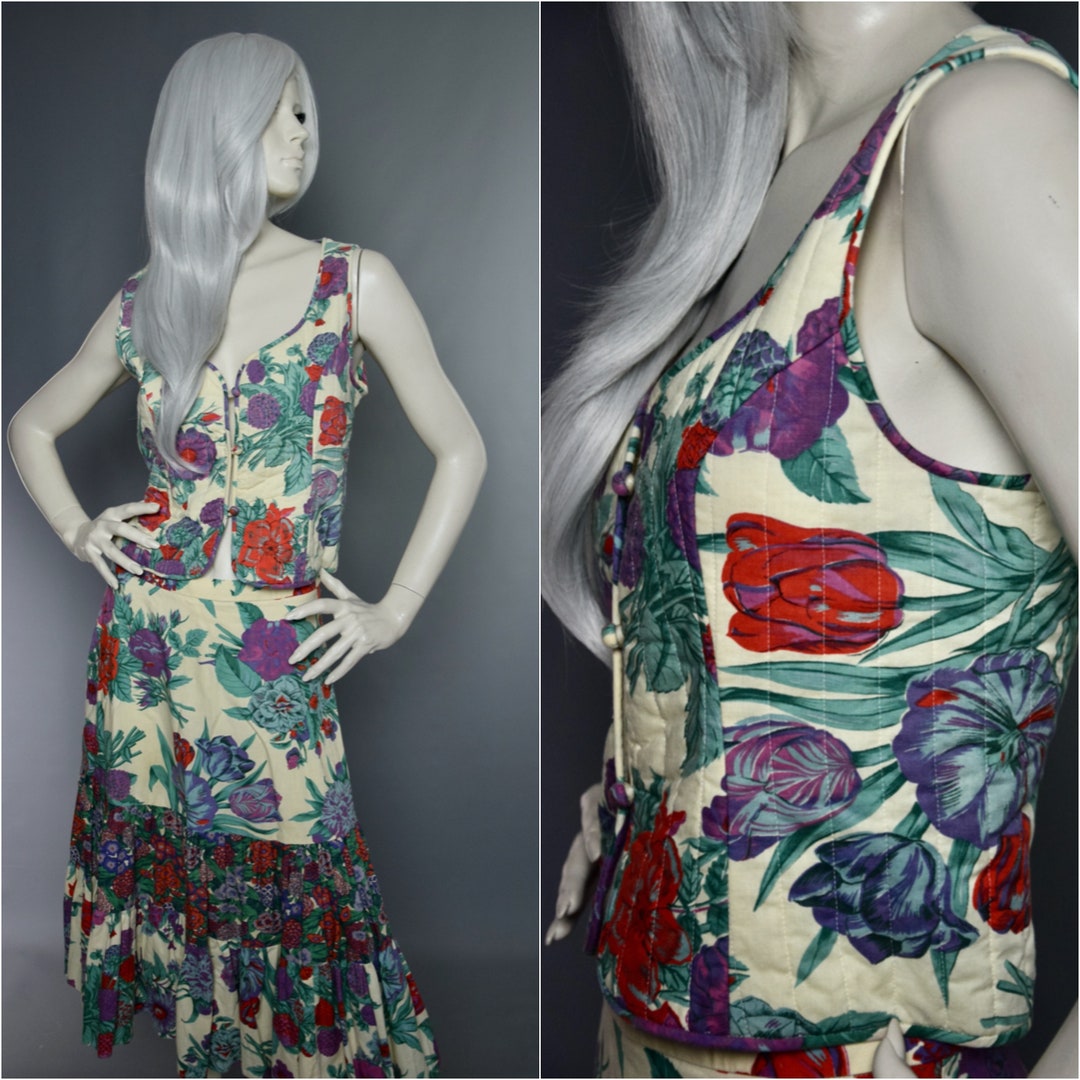 Anne TYRRELL | 70s Quilted Waistcoat Set | Floral Print Skirt Suit - Etsy