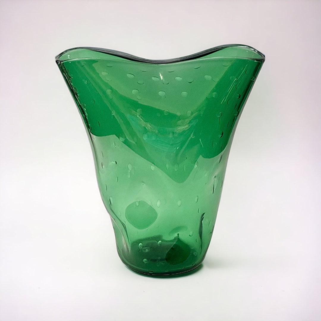11.5” Blenko Green Glass Controlled Bubble Pinched Hand Blown Vase MCM ...