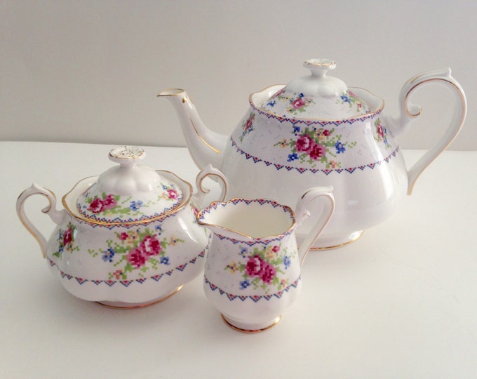 Large Royal Albert Petite Point Tea Set Teapot, Creamer & Sugar - Etsy