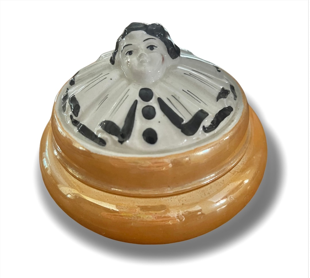 Art Deco Pierrot Clown Powder Jar Trinket Box Vanity Lustreware Figural ...