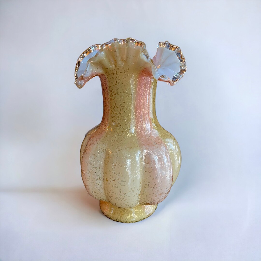 Antique Stevens & Williams Spangle Glass Vase Striped Pink Yellow Mica ...