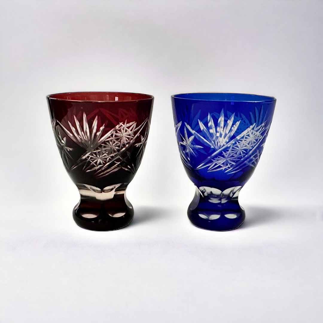 Edo Kiriko Satsuma Sake Glasses Ruri Crystal Glass Set Cut to Clear ...