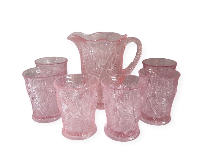 Moser Pink Glass Rose Thistle Pattern Juice Pitcher With 6 Glasses ...