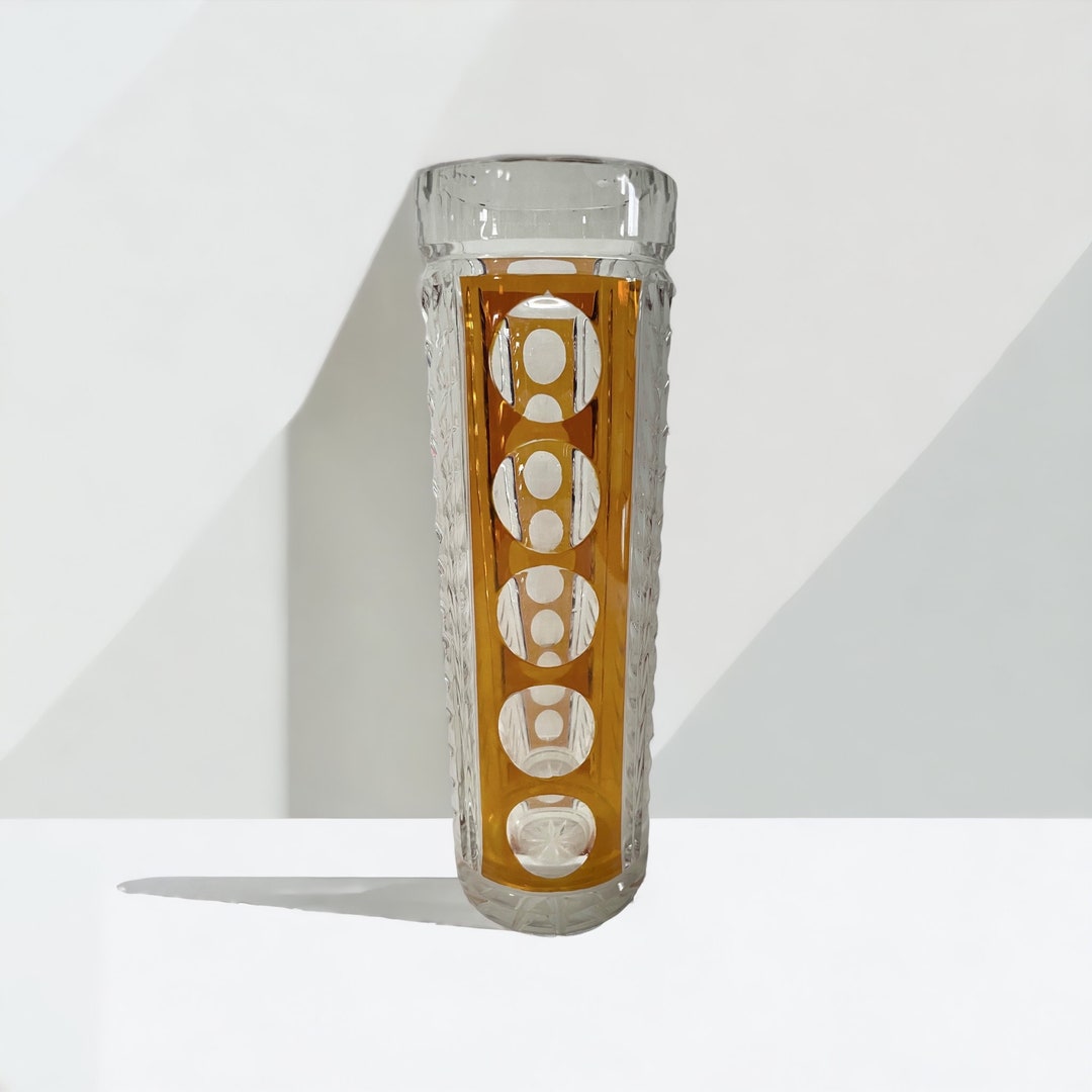 Beautiful Czech Bohemian Crystal Amber Cut to Clear Vase Hand Cut Optic ...
