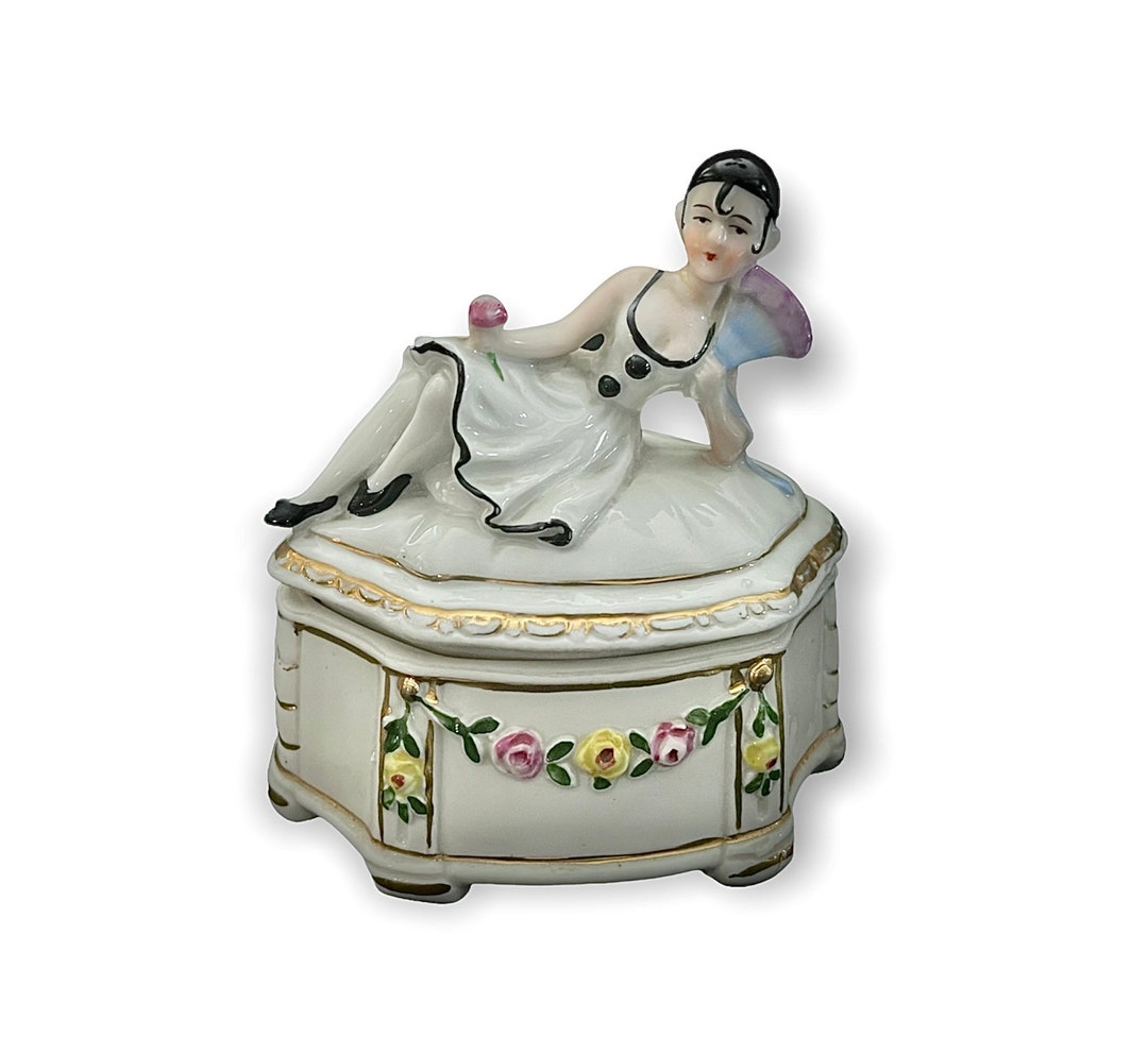 Beautiful German Pirouette Clown Powder Box Dresser Jar Half Doll Lady ...