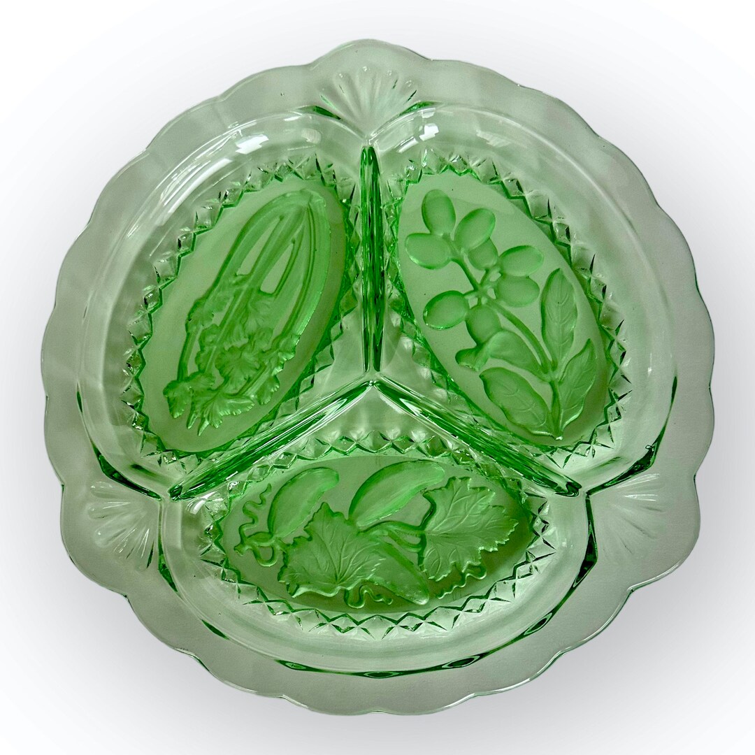 Very Rare Green Depression Glass Divided Plate Olives, Pickels and ...