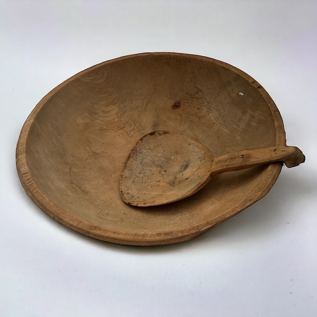 Wooden Butter Bowl & Paddle, Antique Hand Hewn 1800s Spoon Scoop Wooden ...