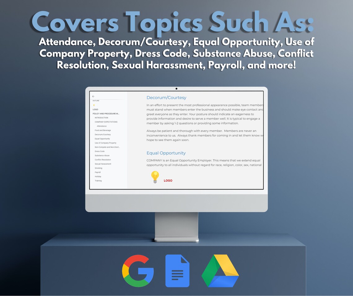 Employee Manual / Handbook Template - Google Doc, Easy, Digital ...