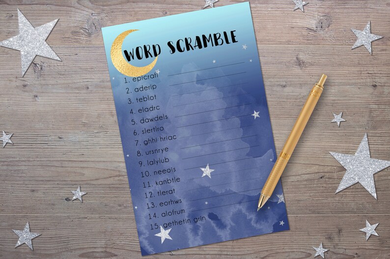 Word Scramble, Printable Baby Shower Games, Moon and Stars Baby Shower ...