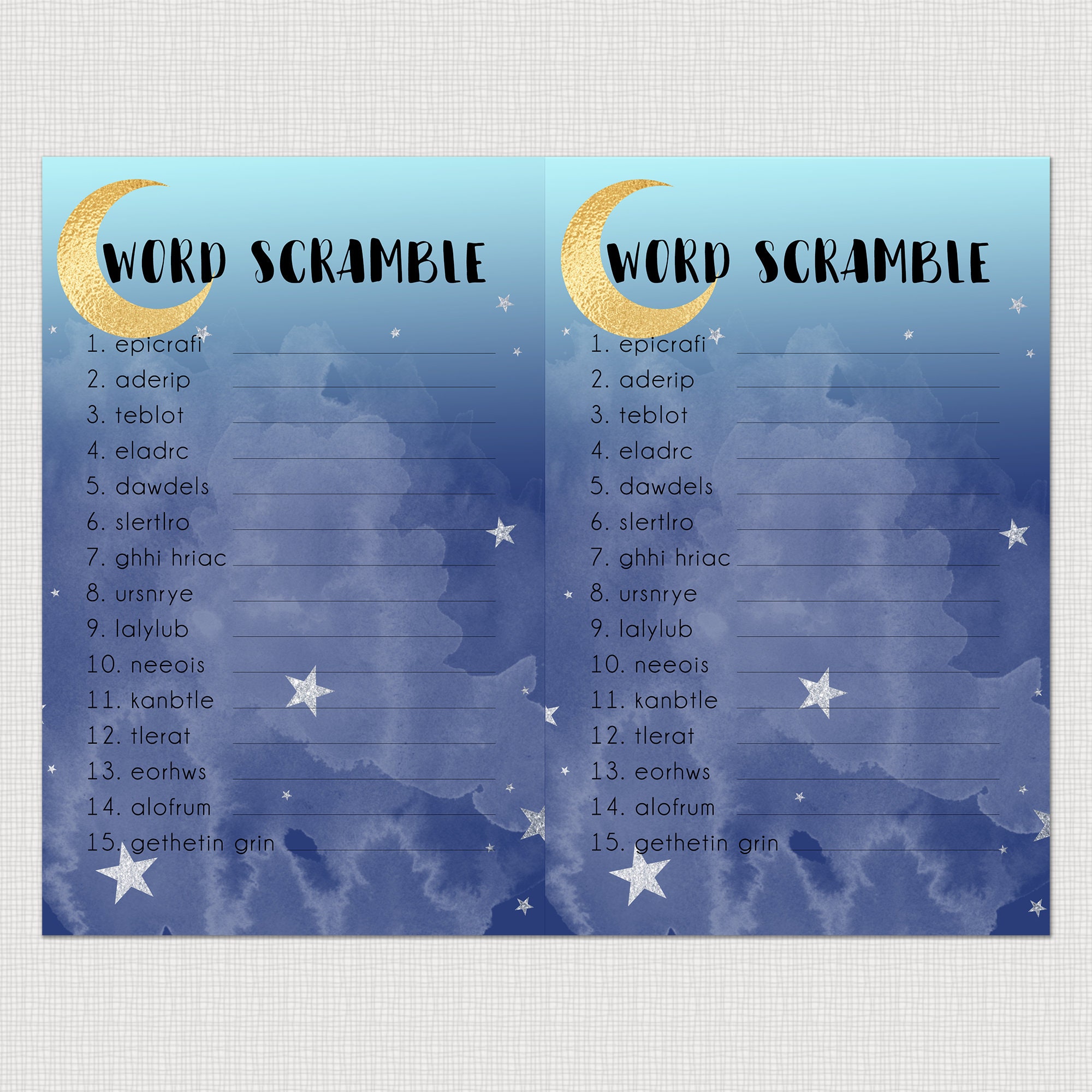 Word Scramble Printable Baby Shower Games Moon and Stars - Etsy