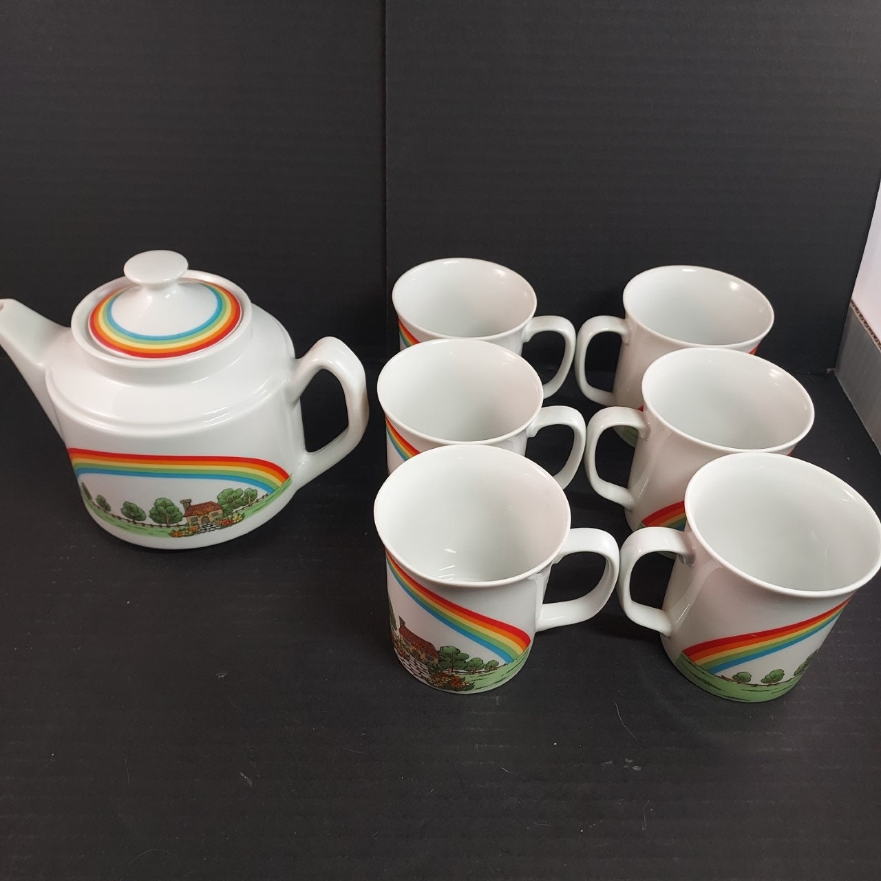 Vintage Enesco Rainbow Tea Set Cottage Teapot 6 Mugs Cup 1978 - Etsy