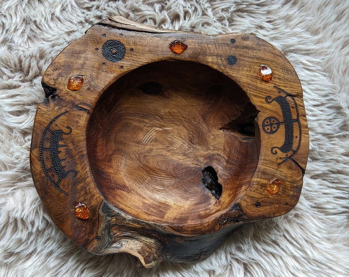 Norse Petroglyph Pyrography and Amber Inlay Wooden Bowl - Etsy