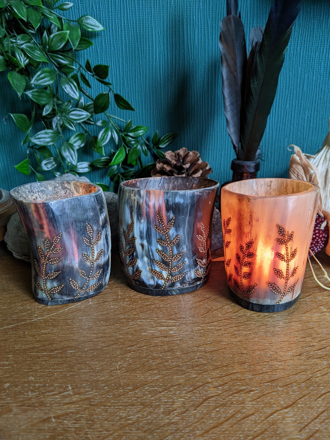 Horn Tealight Holder With Pyrography Fern Design - Etsy
