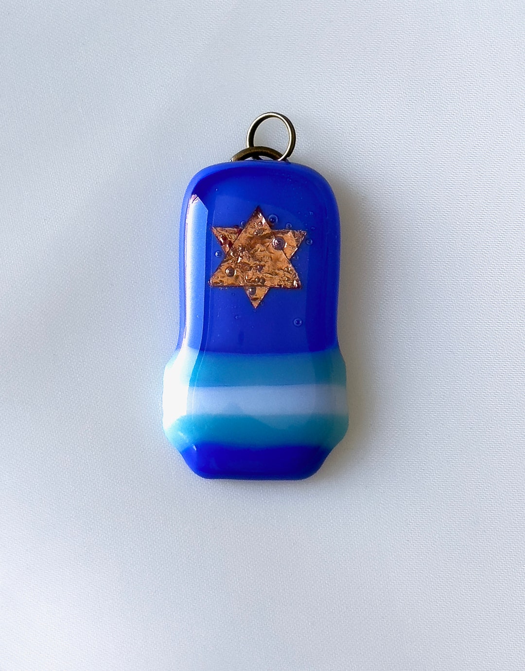 Fused Glass With Copper Inclusion Magen David, White and Blue Bullseye ...