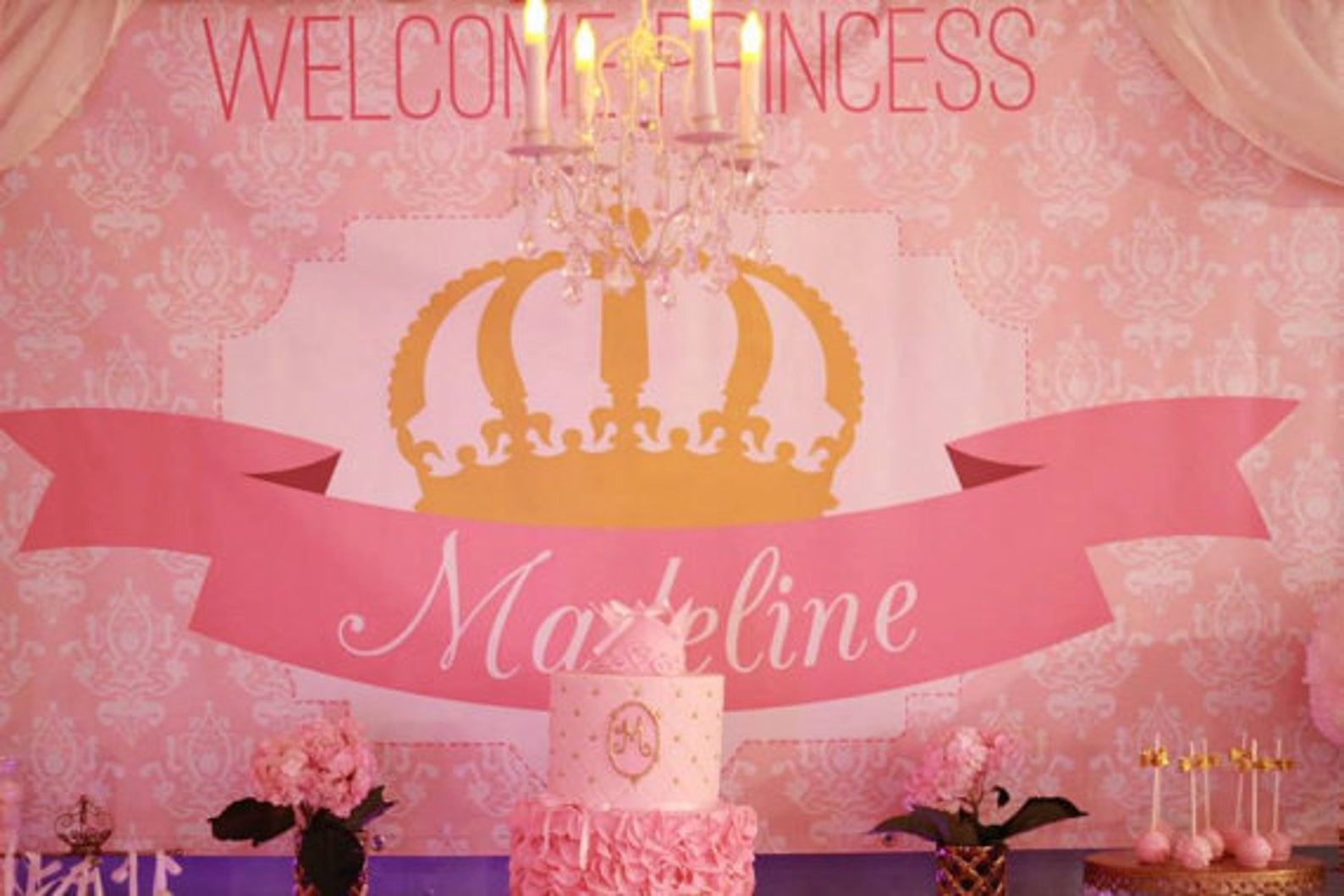 Princess Party Backdrop Pink and Gold Crown choose Your Size - Etsy