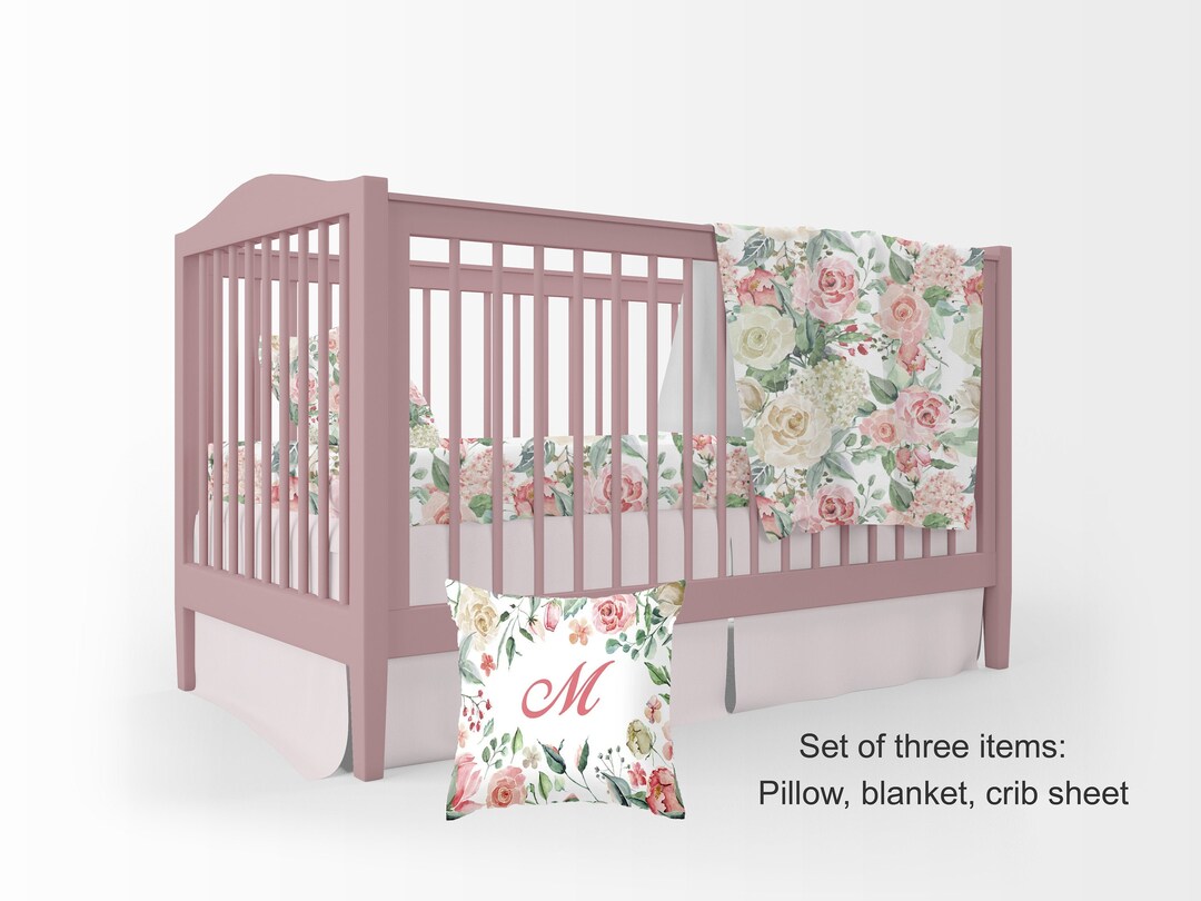 Personalized Floral Roses Baby Crib Bedding Set: Minky Blanket, Pillow ...