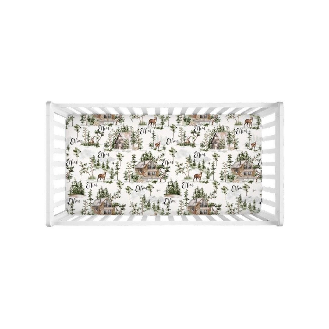 Woodland Animals Personalized Baby Crib Sheet, Pine Trees Name Baby Boy ...