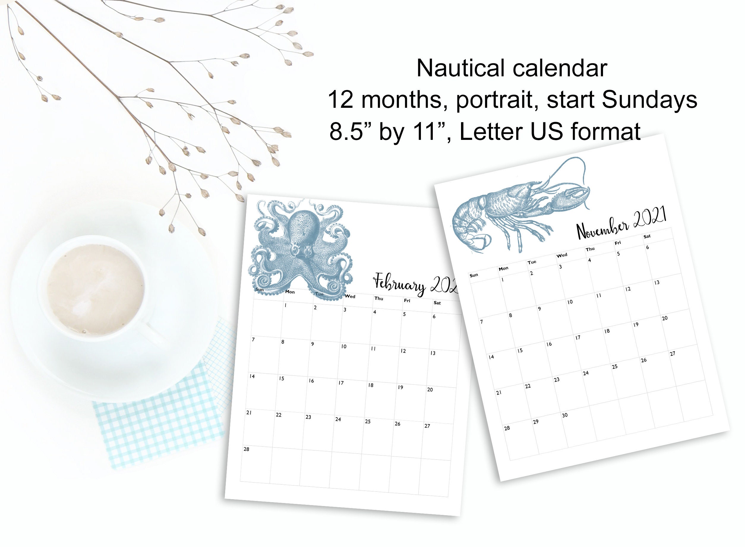 Printable Nautical Calendar, Gift, Christmas, Ocean, Sea, Marine Life ...