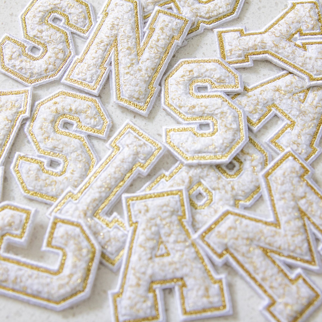 White and Gold Chenille Varsity Letter Patch ONLY Adhesive Backing G ...