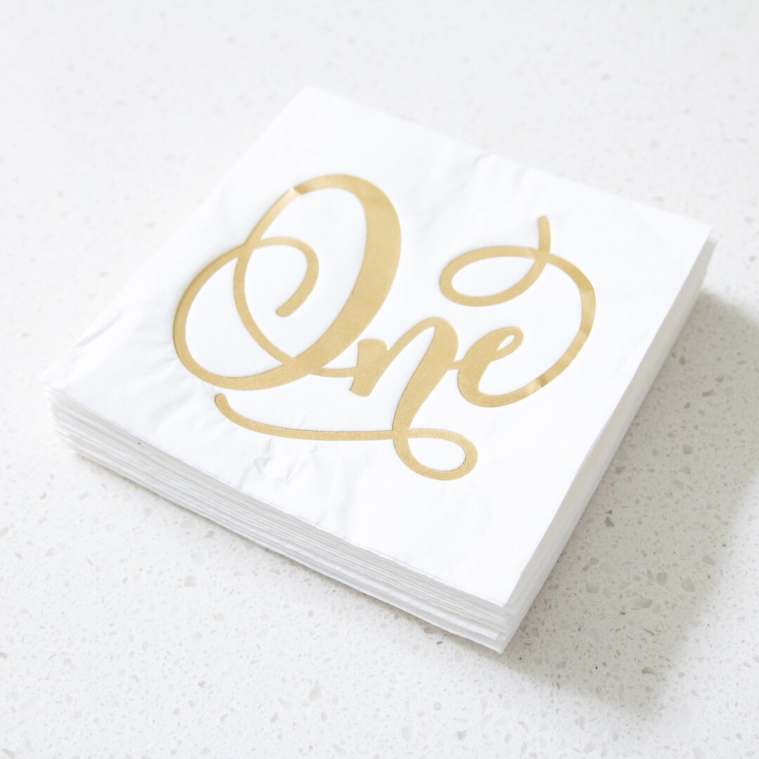 One Napkins Set of 16 - Gold and White First Baby Birthday Party One ...