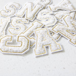 White and Gold Chenille Varsity Letter Patch ONLY Adhesive Backing G ...