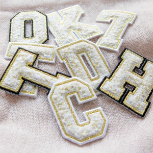 White and Gold Chenille Varsity Letter Patch ONLY Adhesive Backing G ...