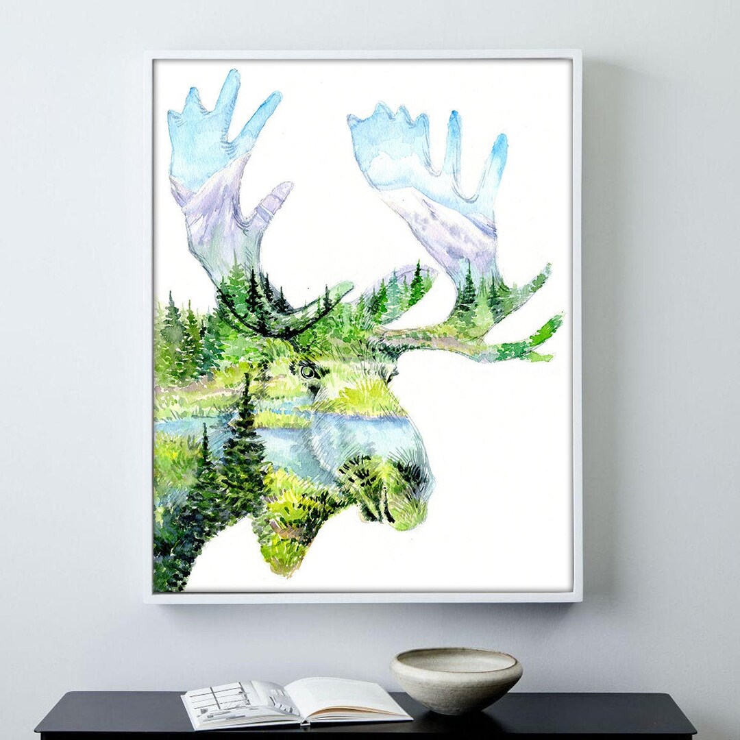 Mighty Moose Lake Mountains & Forest Spirit Animal Art Print - Etsy