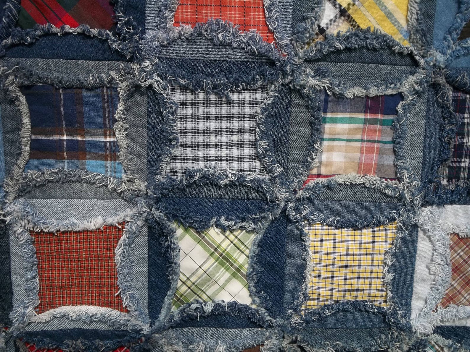 Cathedral Window Upcycled Jeans Denim Quilt, Faux Chenille Seams, Denim ...