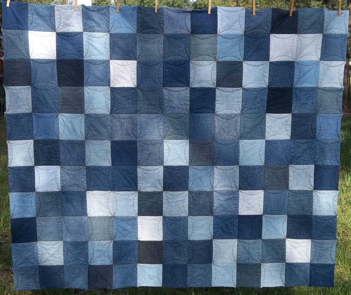 Cathedral Window Upcycled Jeans Denim Quilt, Faux Chenille Seams, Denim ...