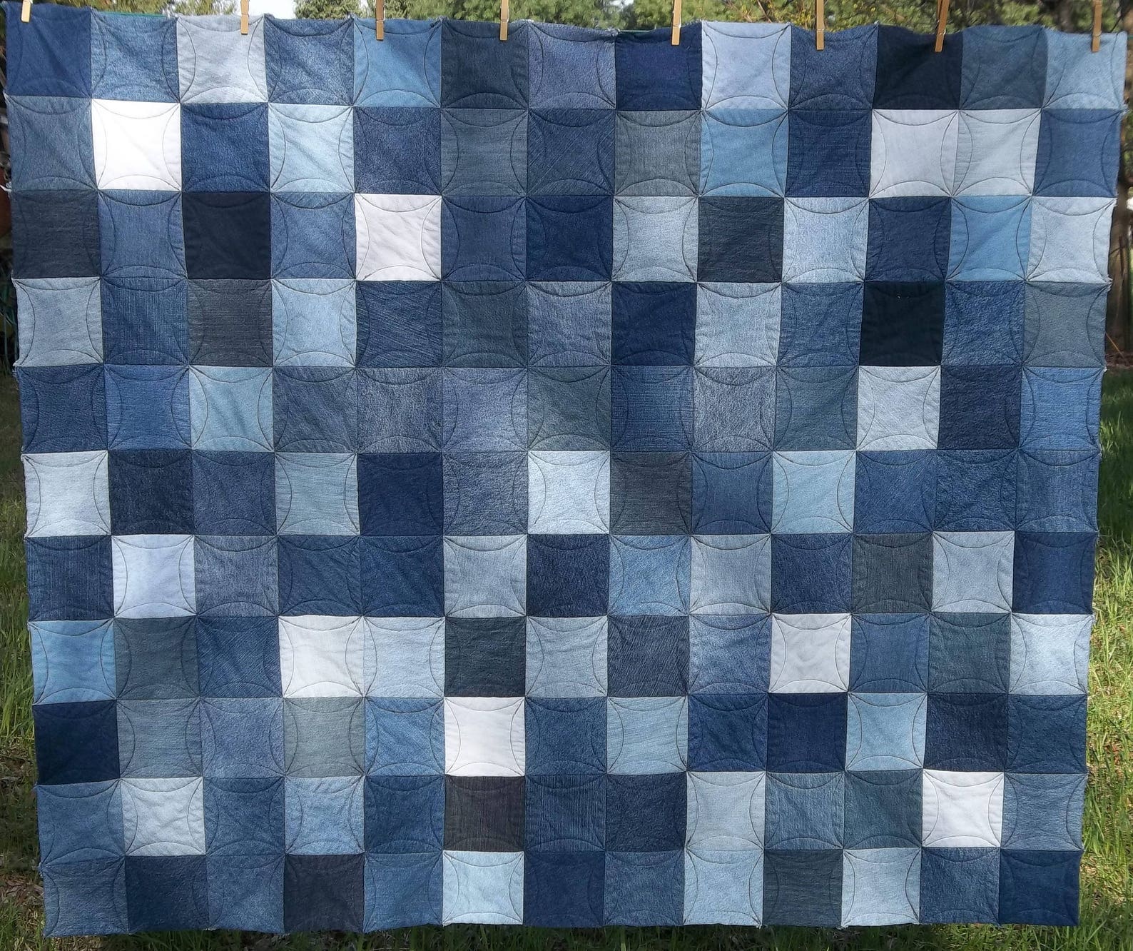 Cathedral Window Upcycled Jeans Denim Quilt, Faux Chenille Seams, Denim ...