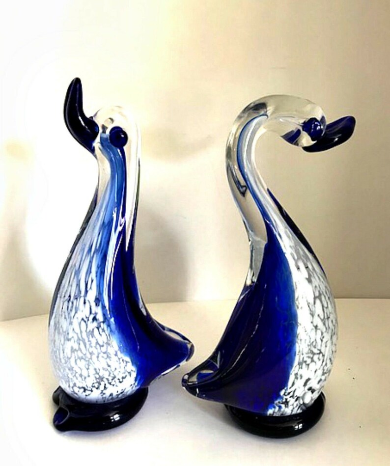 Art Glass Swans Mates Heavy Pair Murano Blue White Birds Geese Etsy
