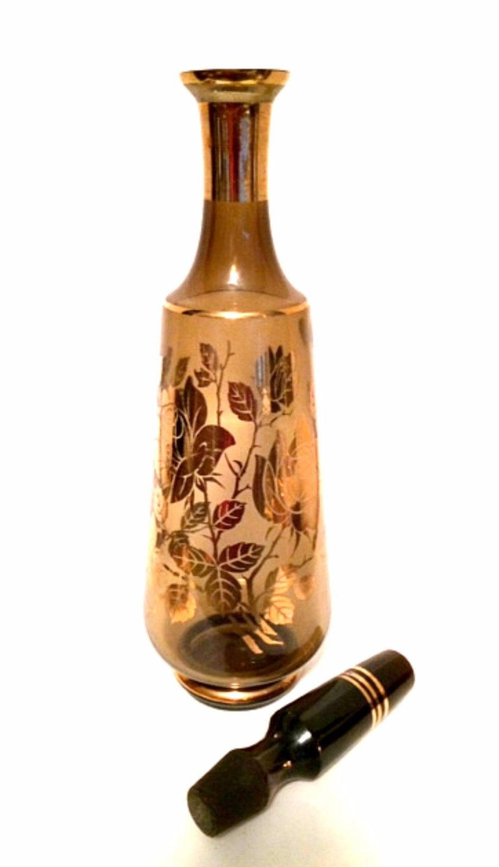 Bohemia Glass Decanter Six Glasses Smokey Gold Floral Trim - Etsy